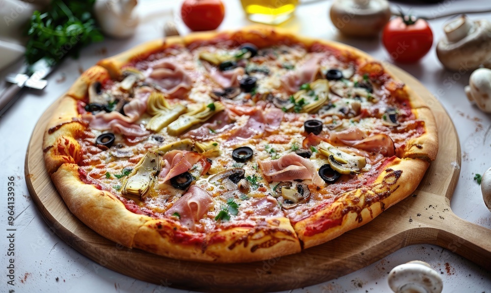 Detailed image of a freshly baked pizza with diverse toppings on a ...
