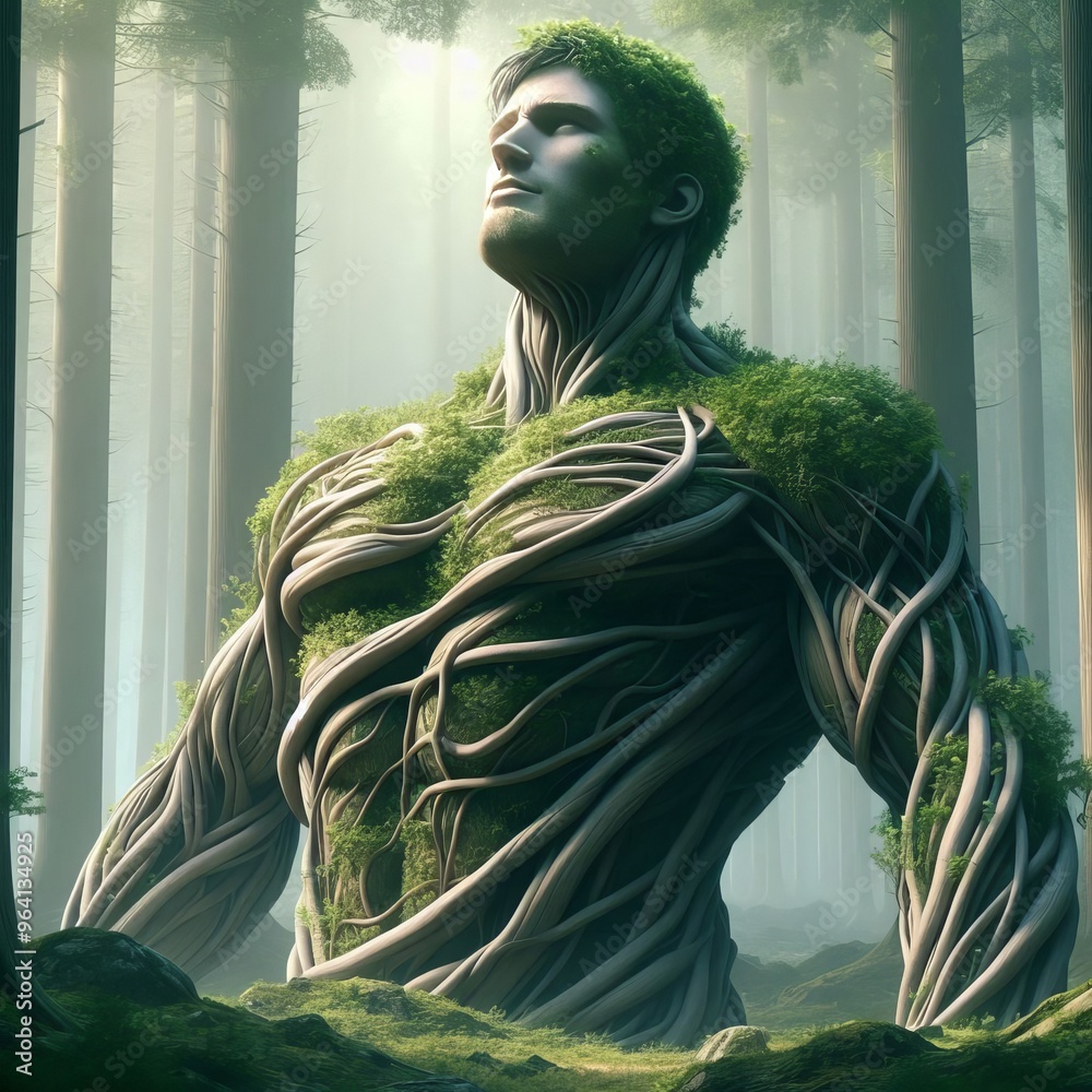 A powerful and majestic tree man stands tall in a mystical forest ...