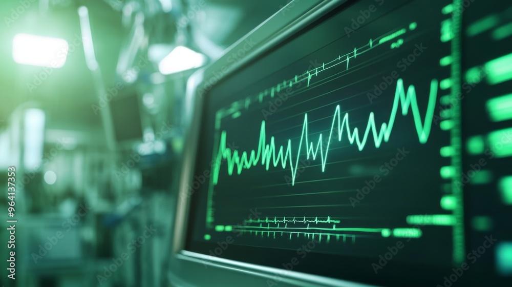 A close-up of a digital EKG monitor displaying a steady heartbeat line ...