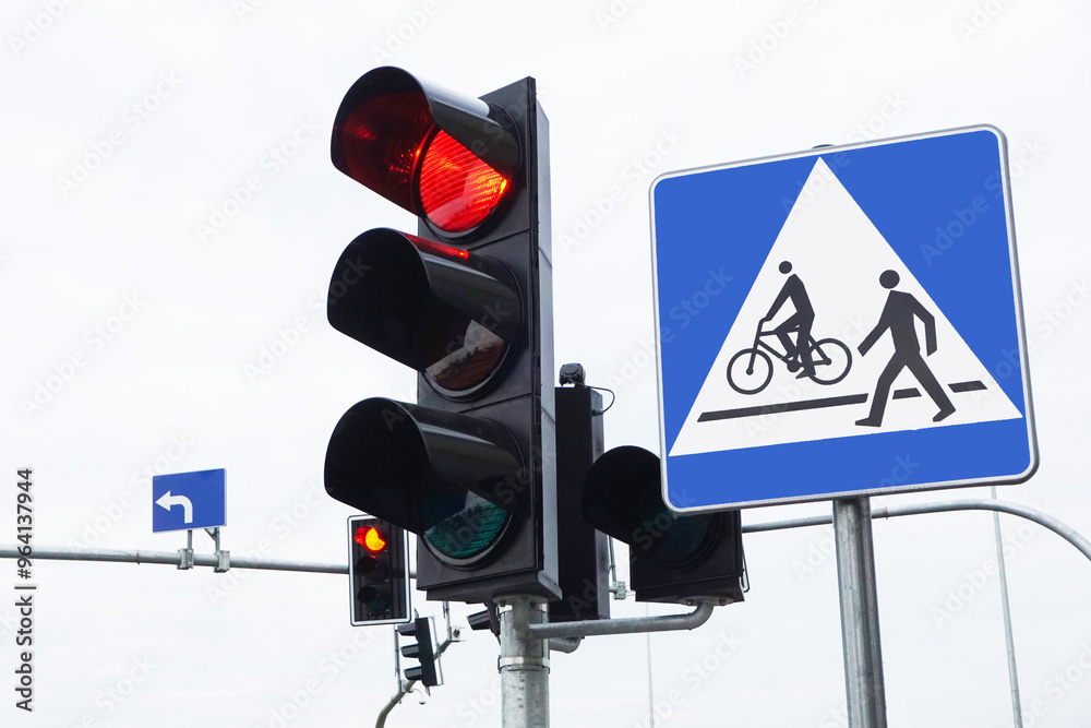 Red traffic light signal. Rainy foggy day intersection. Smart traffic ...