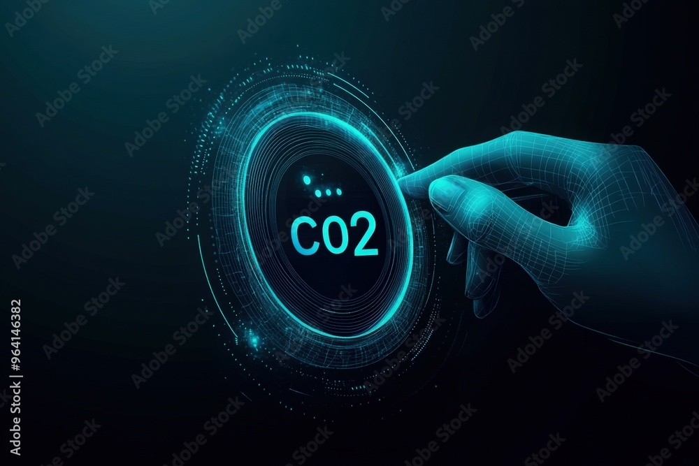 Carbon dioxide emissions control concept. Reduce CO2 level. Wireframe hand turning a carbon ...