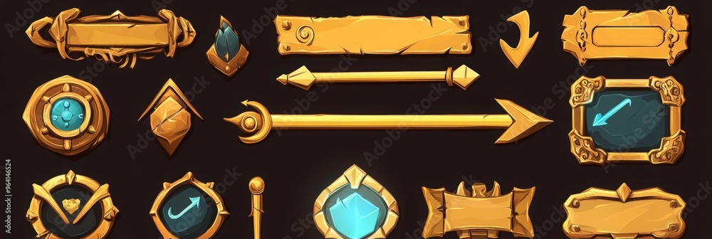 Game UI elements with gold frames in medieval style. Buttons, banners ...