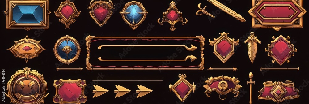 Game UI elements with gold frames in medieval style. Buttons, banners ...