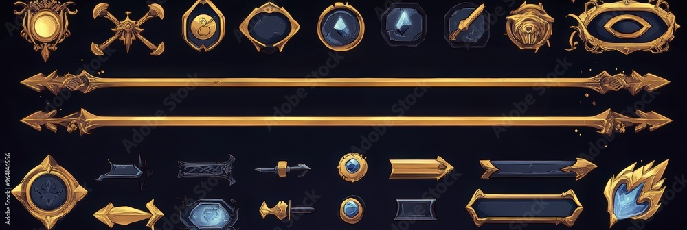 Game UI elements with gold frames in medieval style. Buttons, banners ...