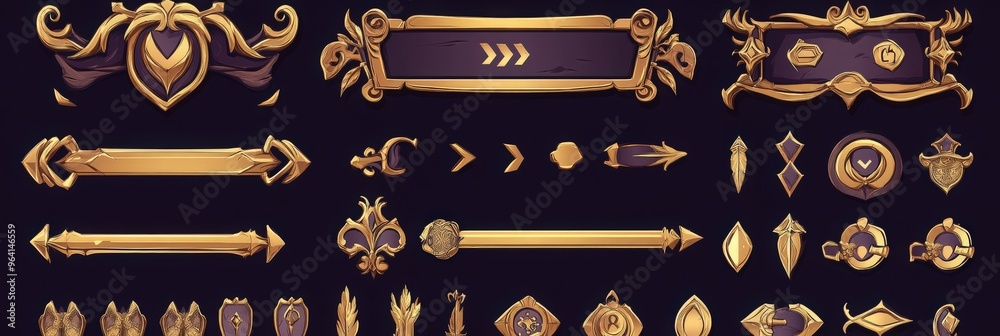 Game UI elements with gold frames in medieval style. Buttons, banners ...