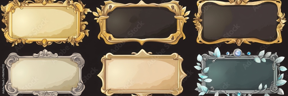 Multiple Empty rectangle frames in medieval style for game ui design. Vector cartoon set of user ...