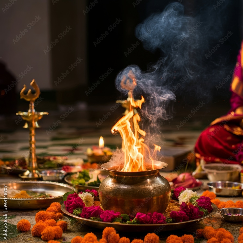 Indian Yajna ritual vedic fire ceremony Pooja ritual rite religious ...