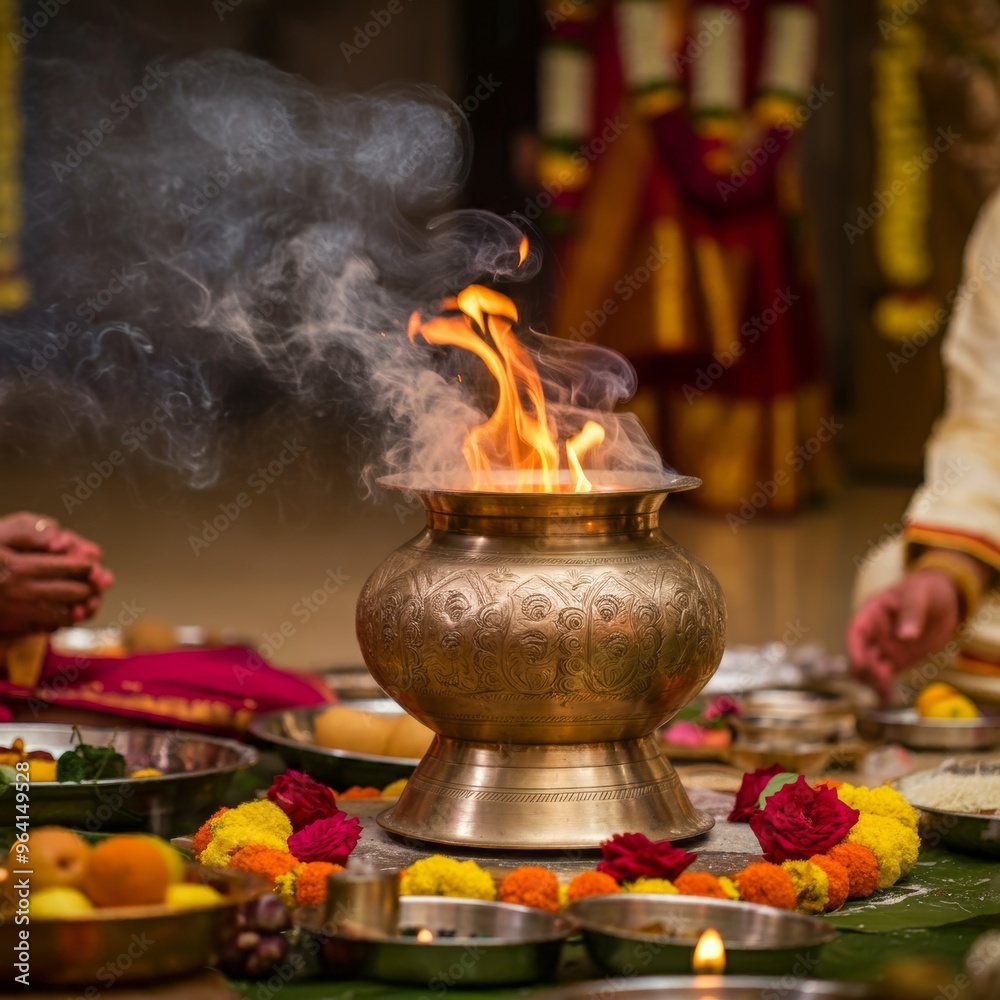 Indian Yajna ritual vedic fire ceremony Pooja ritual rite religious ...