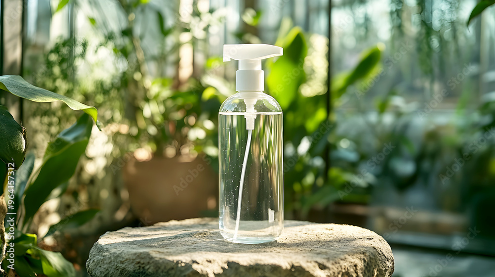 clear glass spray bottle with a white cap, sitting on a stone platform ...