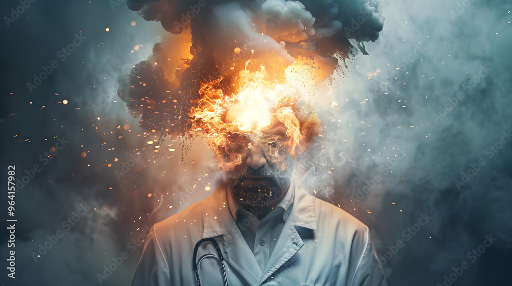 A surgeon with an exploding head and Symbolizing the concept of stress ...