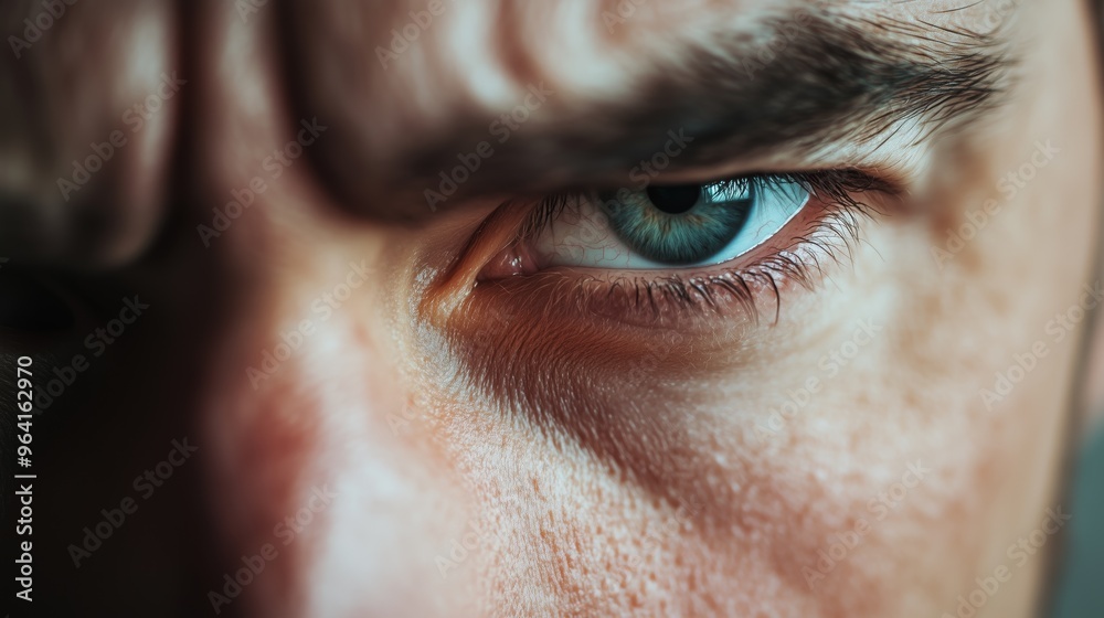 A close-up of a person's face with a single tear rolling down their cheek, their eyes filled ...