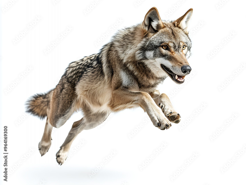 A wolf leaps through the air with its mouth open in a mid-air leap ...