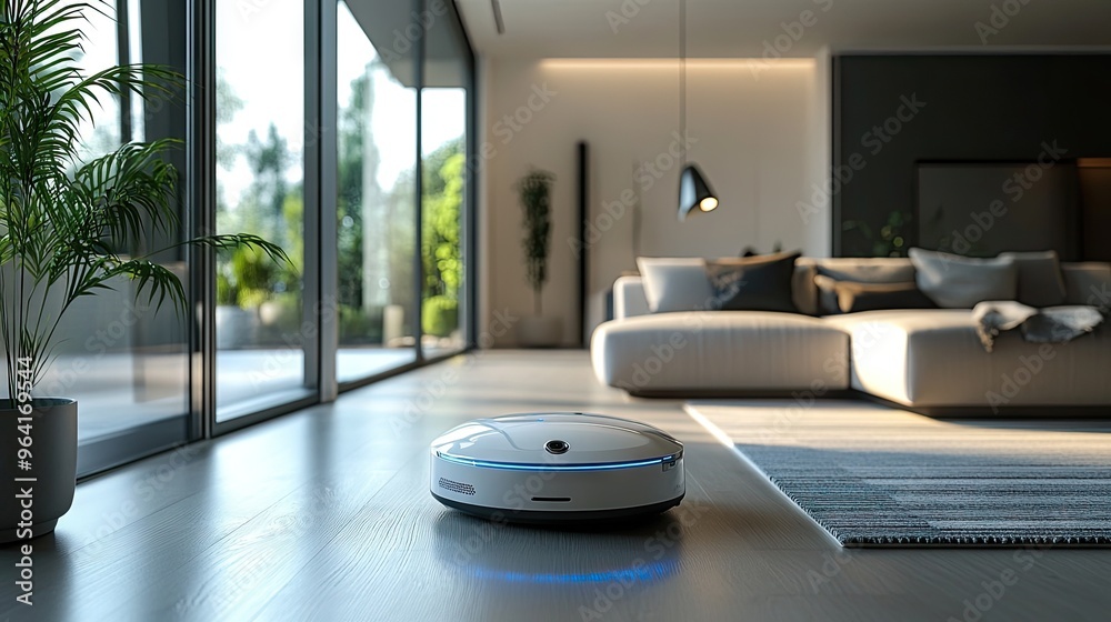Personal robot assistant vacuuming the floor in a modern, tech-savvy ...
