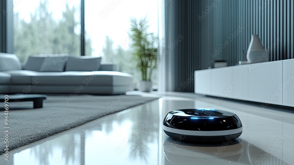 Personal robot assistant vacuuming the floor in a modern, tech-savvy ...
