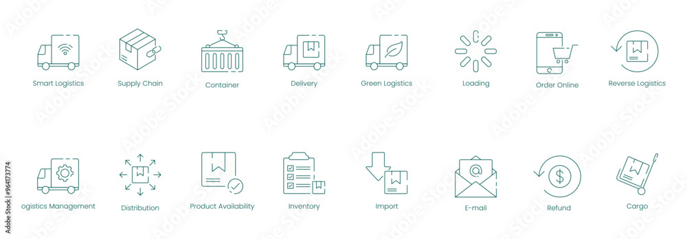 Comprehensive Smart Logistics and Supply Chain Vector Icon Set for ...