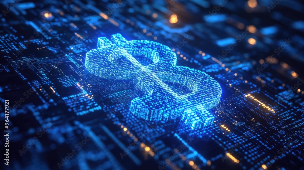 Blue digital moneybag with a dollar sign and binary code, representing AI-driven financial ...