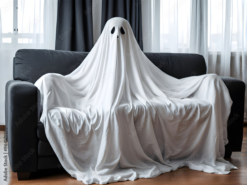 Ghost covered with a white ghost sheet on a sofa in the living room ...