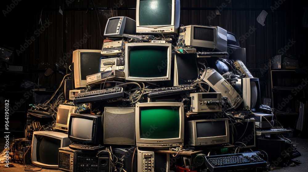 Electronic waste, a large pile of unwanted computer monitors and TV ...