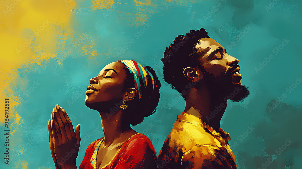 Religious black man and woman pray tto god, belief in the church and ...