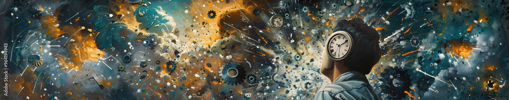 A time traveler with clock gears bursting from their head and ...