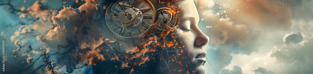 A time traveler with clock gears bursting from their head and ...