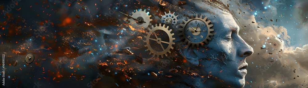 A time traveler with clock gears bursting from their head and ...