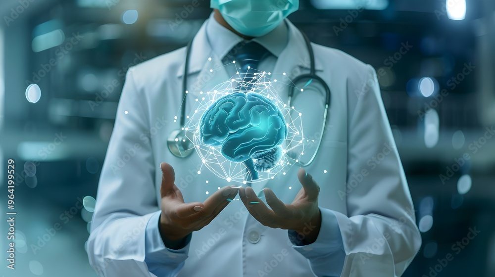 Doctor showing symbol of human brain at futuristic illisturation ...