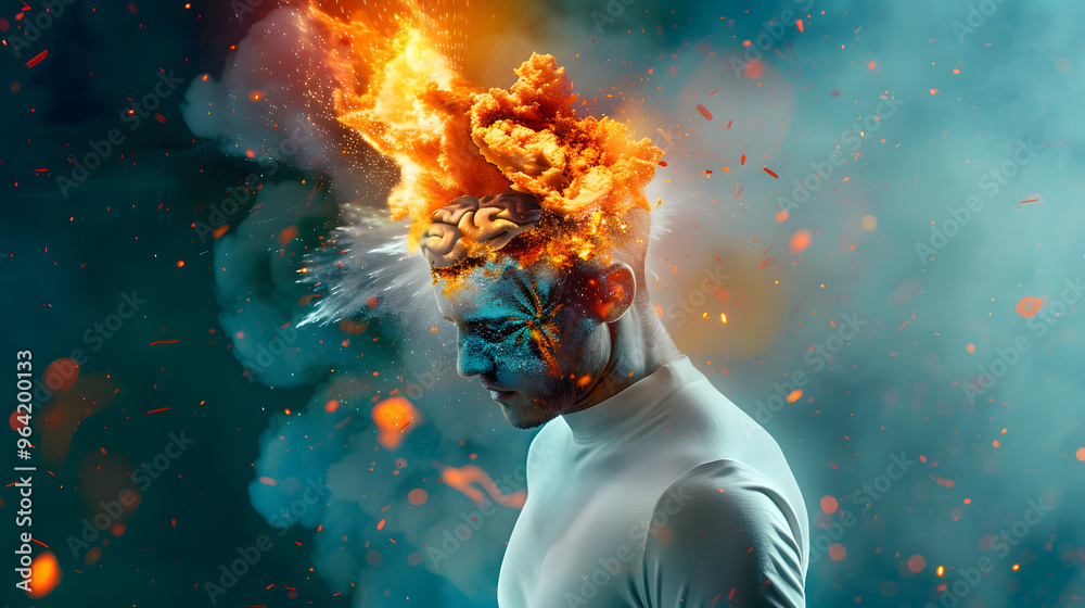 An athlete with an exploding head and Symbolizing the concept of stress ...