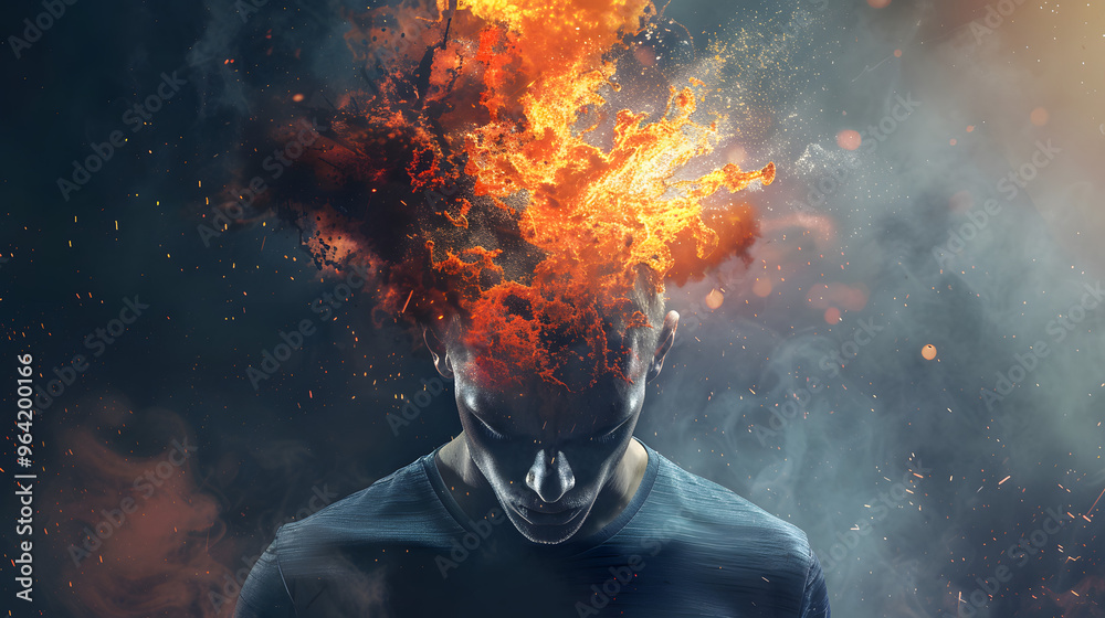 An athlete with an exploding head and Symbolizing the concept of stress ...