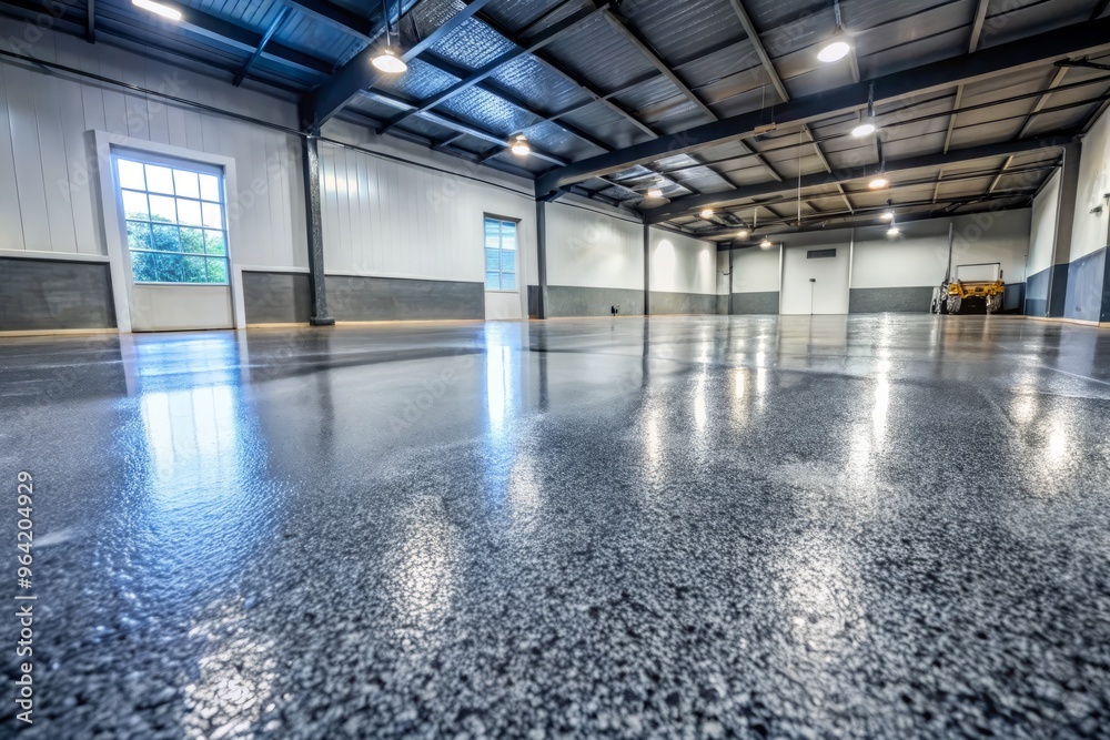 A rugged, textured epoxy floor finish in a dark gray hue covers a ...