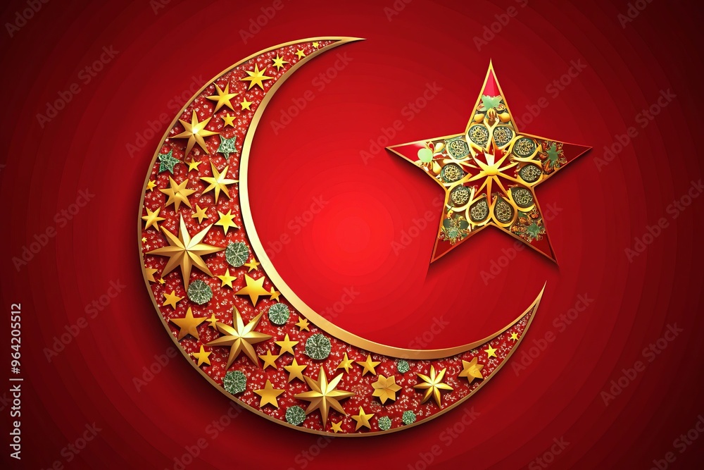 Vibrant color scheme of a crescent moon and stars on a red background ...