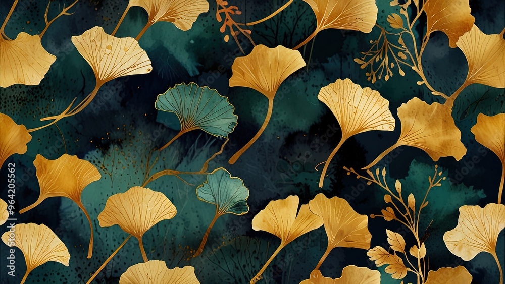 An abstract watercolor art background featuring gingko leaves and ...