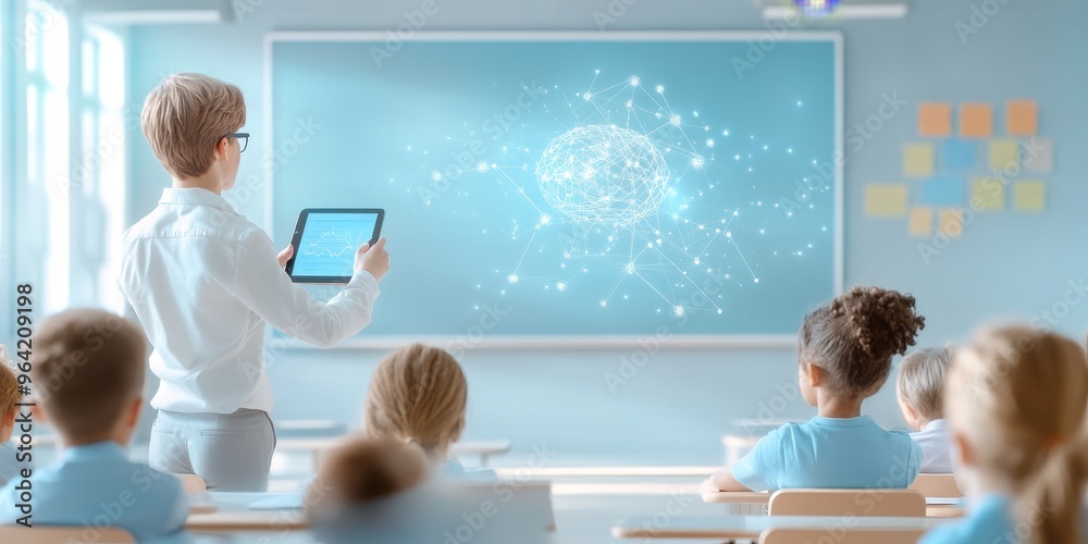 Photorealistic depiction of a human teacher in a futuristic classroom ...