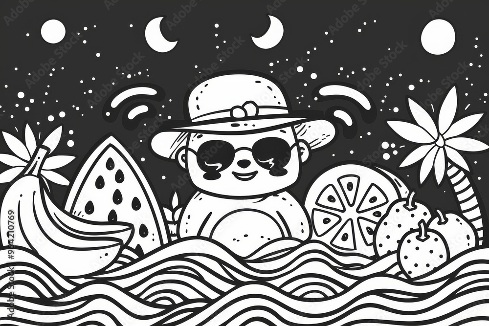 Cute Kawaii Hawaiian waves coloring page for kids with surfing ...