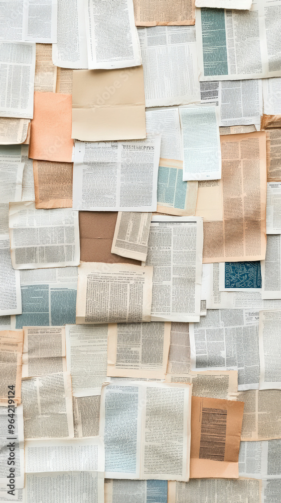 Scattered book pages and colored paper pieces arranged in layers ...