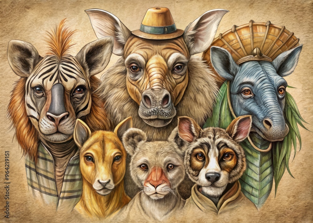 Wildlife animals wearing safari style masks in a detailed cross-hatch ...