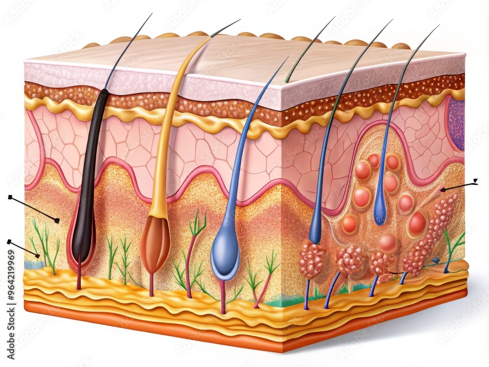 Illustrate the intricate structure of a hair follicle comprising a papilla, sebaceous gland ...
