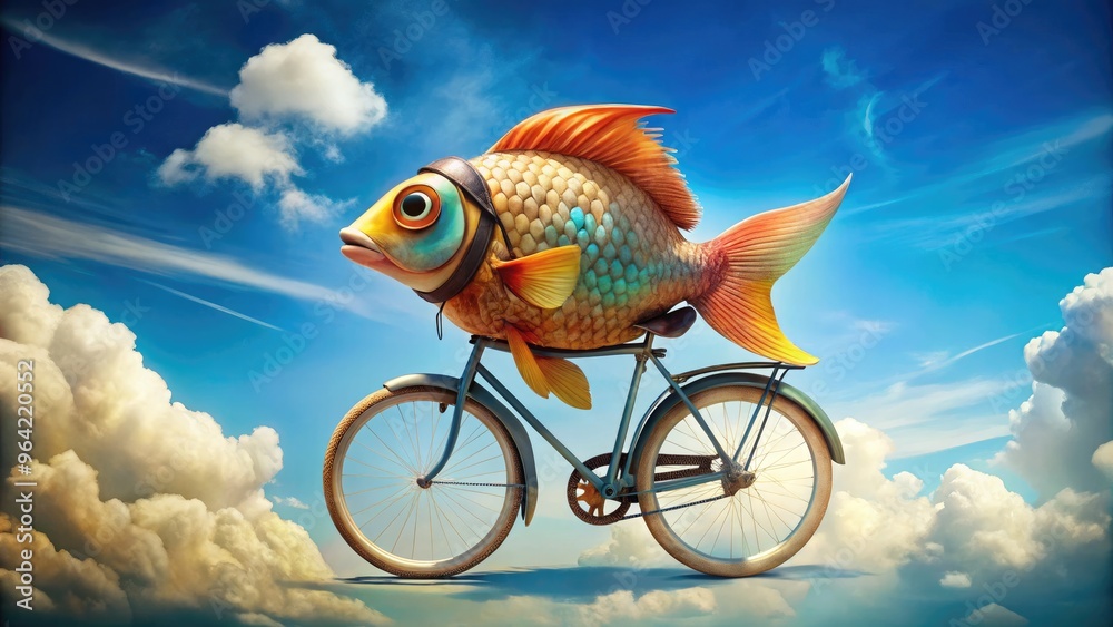 A colorful, whimsical illustration of a fish sitting on a vintage ...