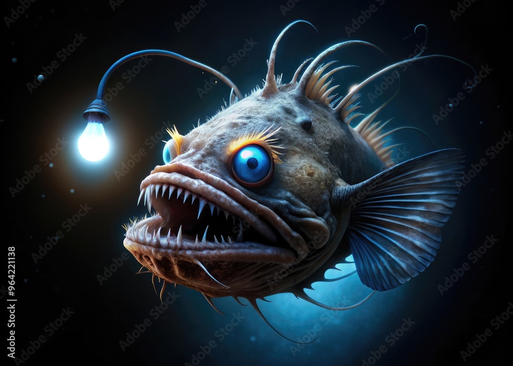 A deep-sea anglerfish with bioluminescent lure on its head swims in ...