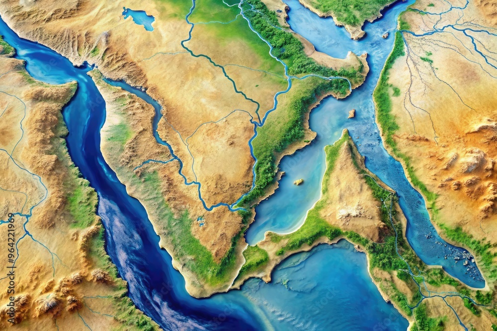 A detailed topographic map highlights the majestic River Nile's winding ...