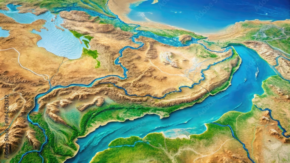 Aerial View Of Amu Darya River Highlighted On A Geographical Map Of ...