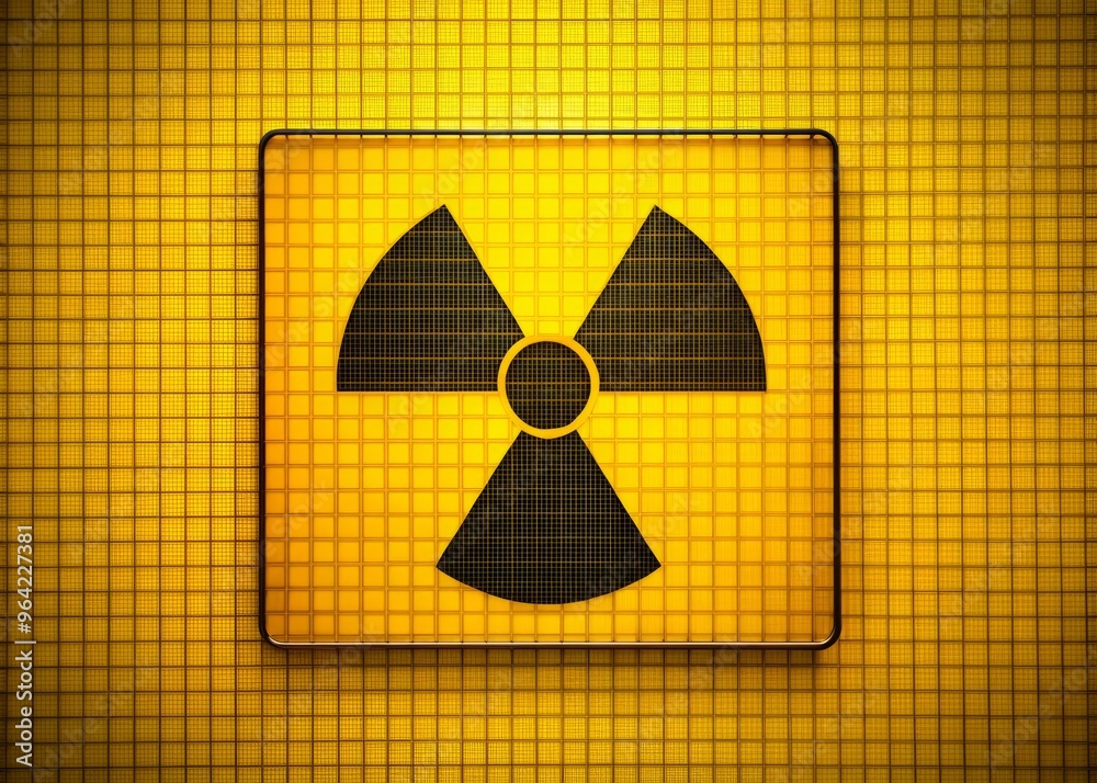 Radiation warning signs and symbols on a bright yellow background with ...