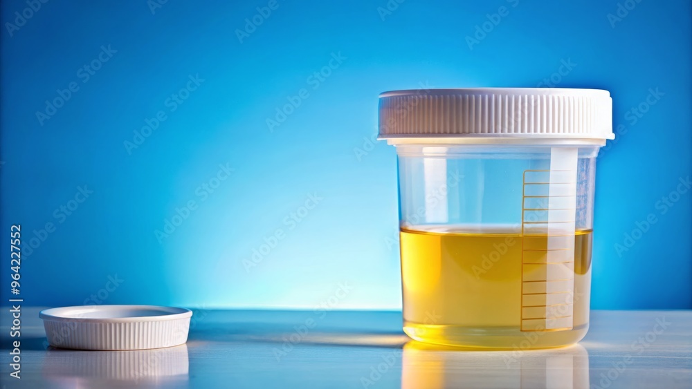 A transparent plastic container holding a yellow liquid sample inside ...