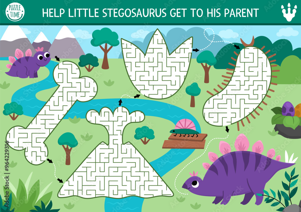 Dinosaur maze for kids with geometrical bone, footprint, volcano ...