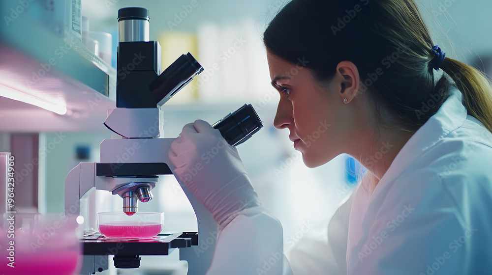 pharmaceutical researcher examining a petri dish under a microscope ...