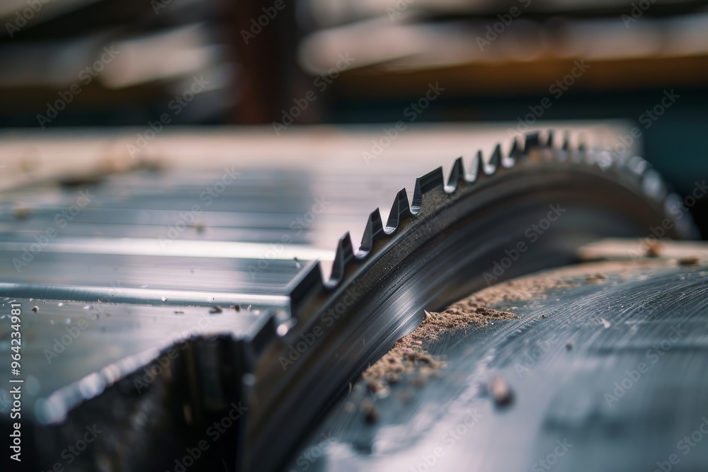 A close-up view of a circular saw blade in an industrial setting ...