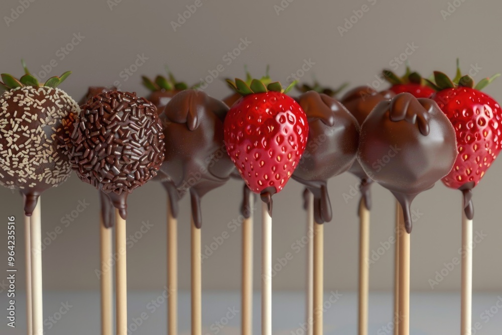 A row of chocolate covered strawberries on sticks. The strawberries are ...