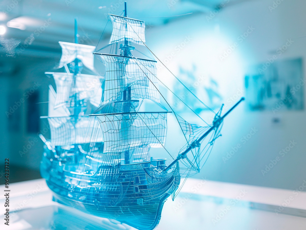 Sailing ship visualization with augmented reality Transparent funicular in studio drawing in ...