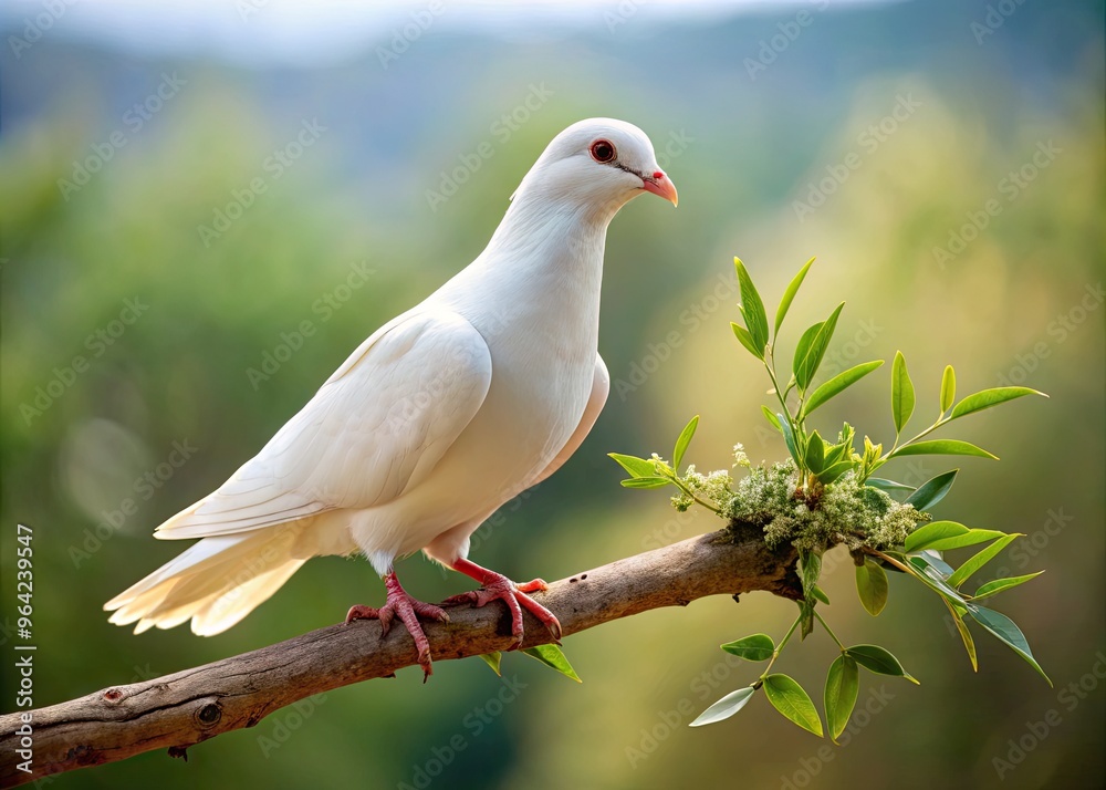 A serene white dove perches on a gnarled branch, clutching a lush olive ...