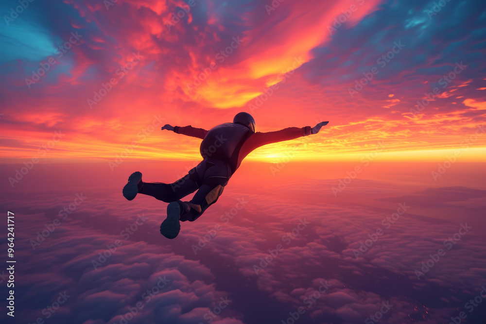 Skydiver in freefall against backdrop of fiery sunset, capturing thrill ...